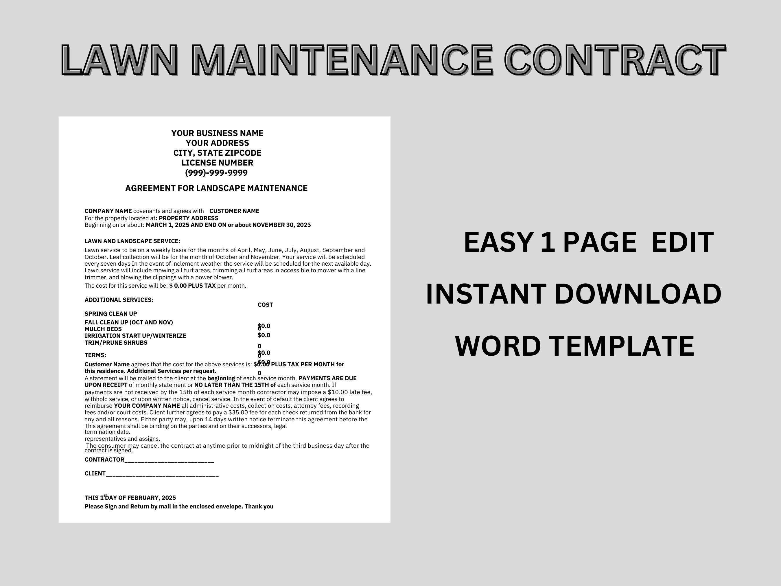 Lawn/landscape Editable Contract/agreement - Etsy