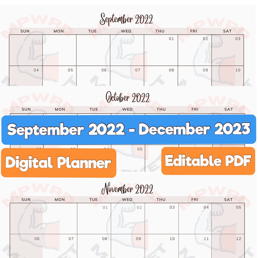 2022-2023 Editable Calendar, September 2022- December 2023 Digital ...