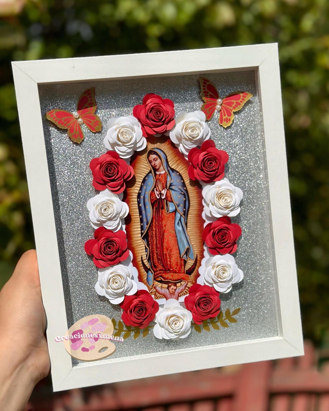 Virgin Mary Shadow Box Flowers Frame , Virgen De Guadalupe, Religious ...