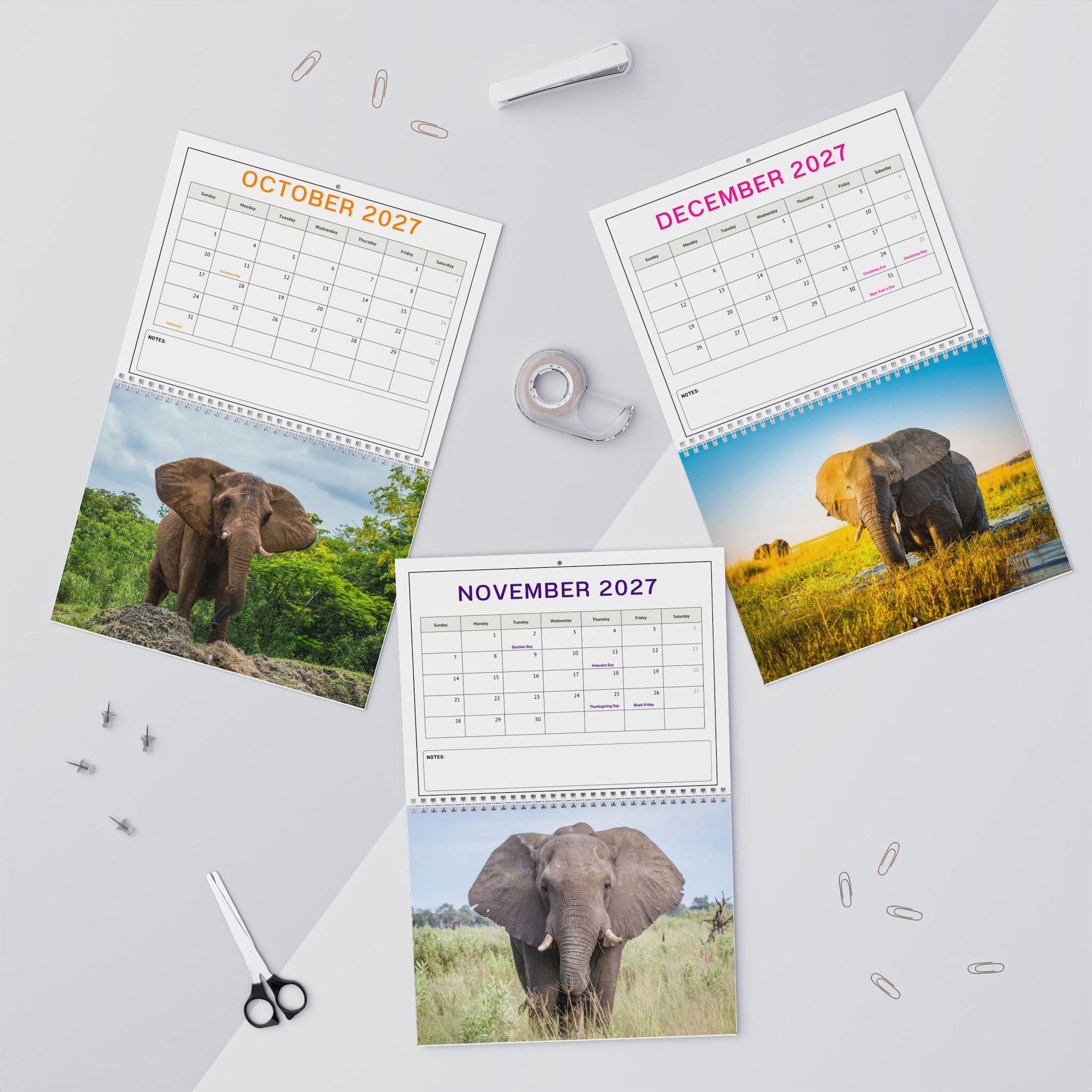 Elephant 2027 Wall Calendar, Monthly Planner With Notes & Holidays ...