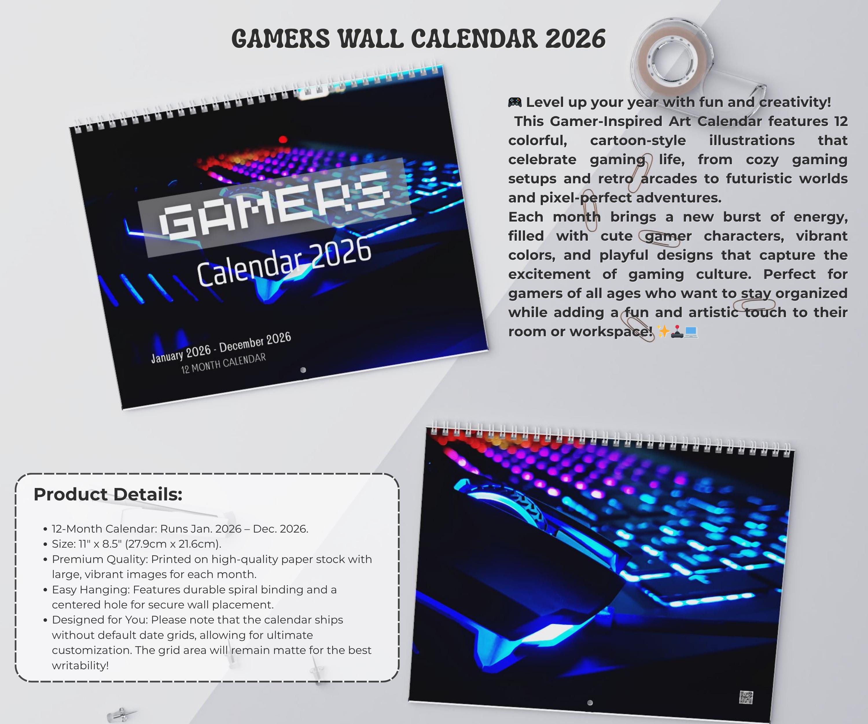 2026 Gamer Calendar, Monthly Wall Calendar, Game Room Decor, USA ...