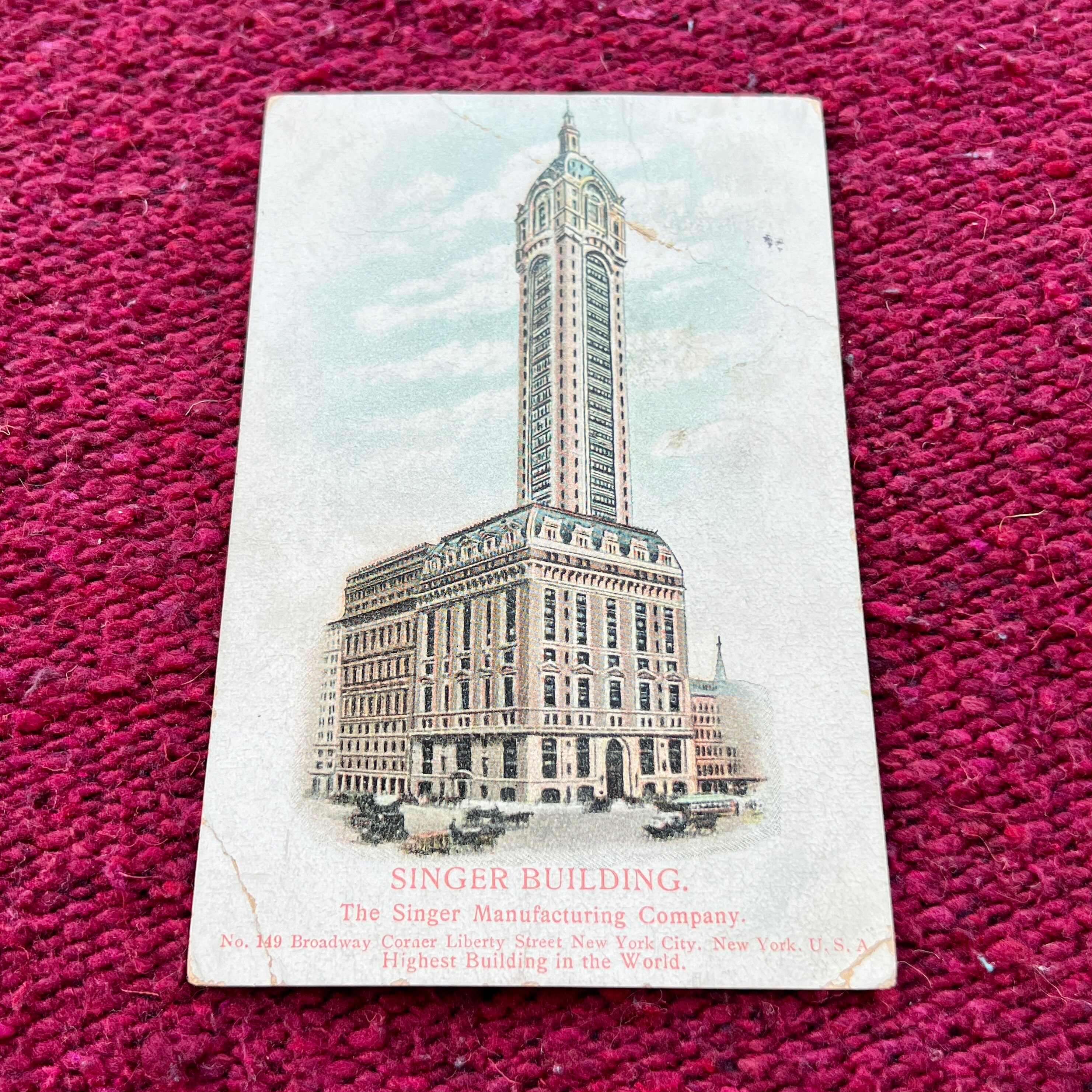 Vintage New York Postcard used 1908 Singer Building, NYC Approx. 3.5x5 ...