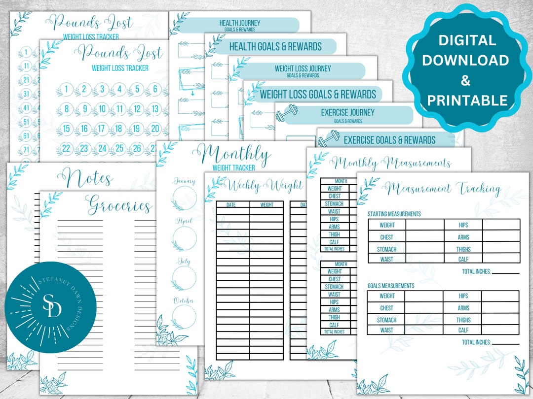 Printable Digital Weight Loss Tracker Bundle, Health Fitness Exercise ...