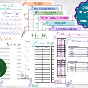 Printable Digital Weight Loss Tracker Bundle, Health Fitness Exercise ...