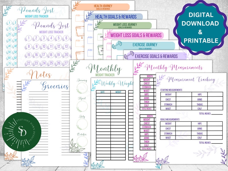 Printable Digital Weight Loss Tracker Bundle, Health Fitness Exercise ...