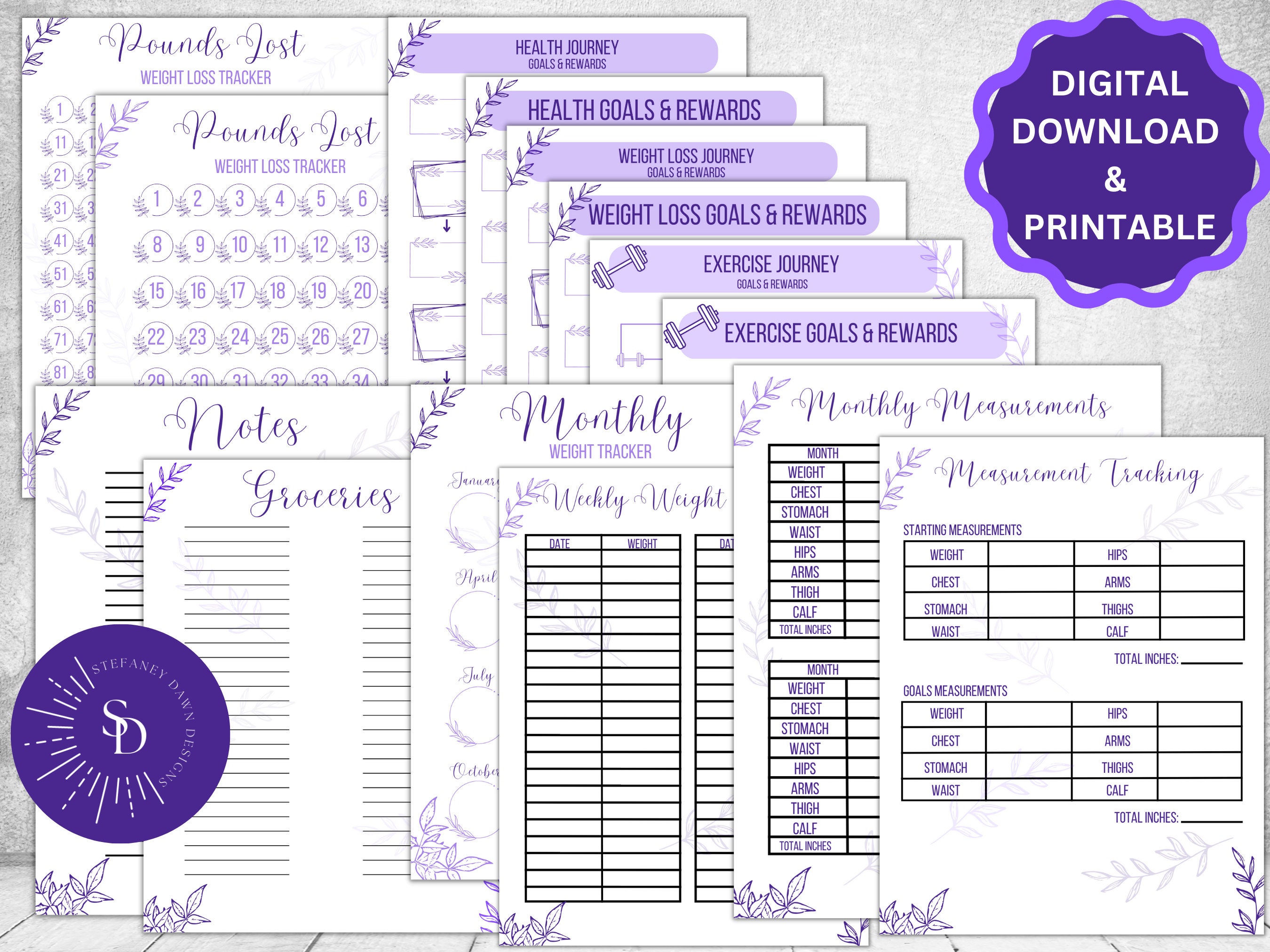 Printable Digital Weight Loss Tracker Bundle, Health Fitness Exercise ...