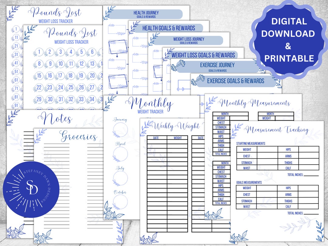 Printable Digital Weight Loss Tracker Bundle, Health Fitness Exercise ...