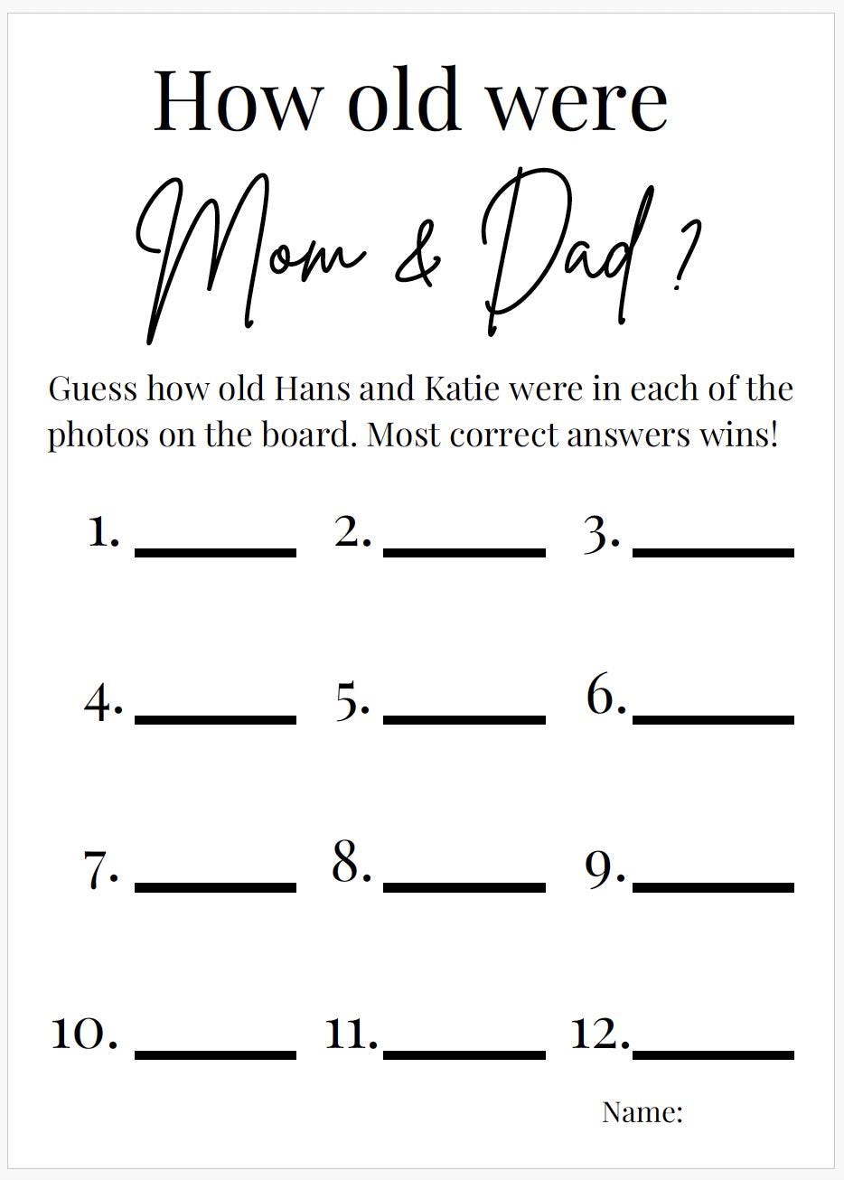 How Old Were Mom and Dad Baby Shower Game Sign, Guess Our Age Game ...