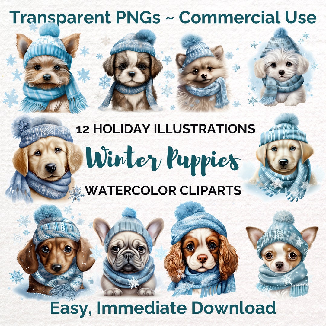 12 Winter Puppy Dog PNG Cliparts, Watercolor Festive Christmas ...