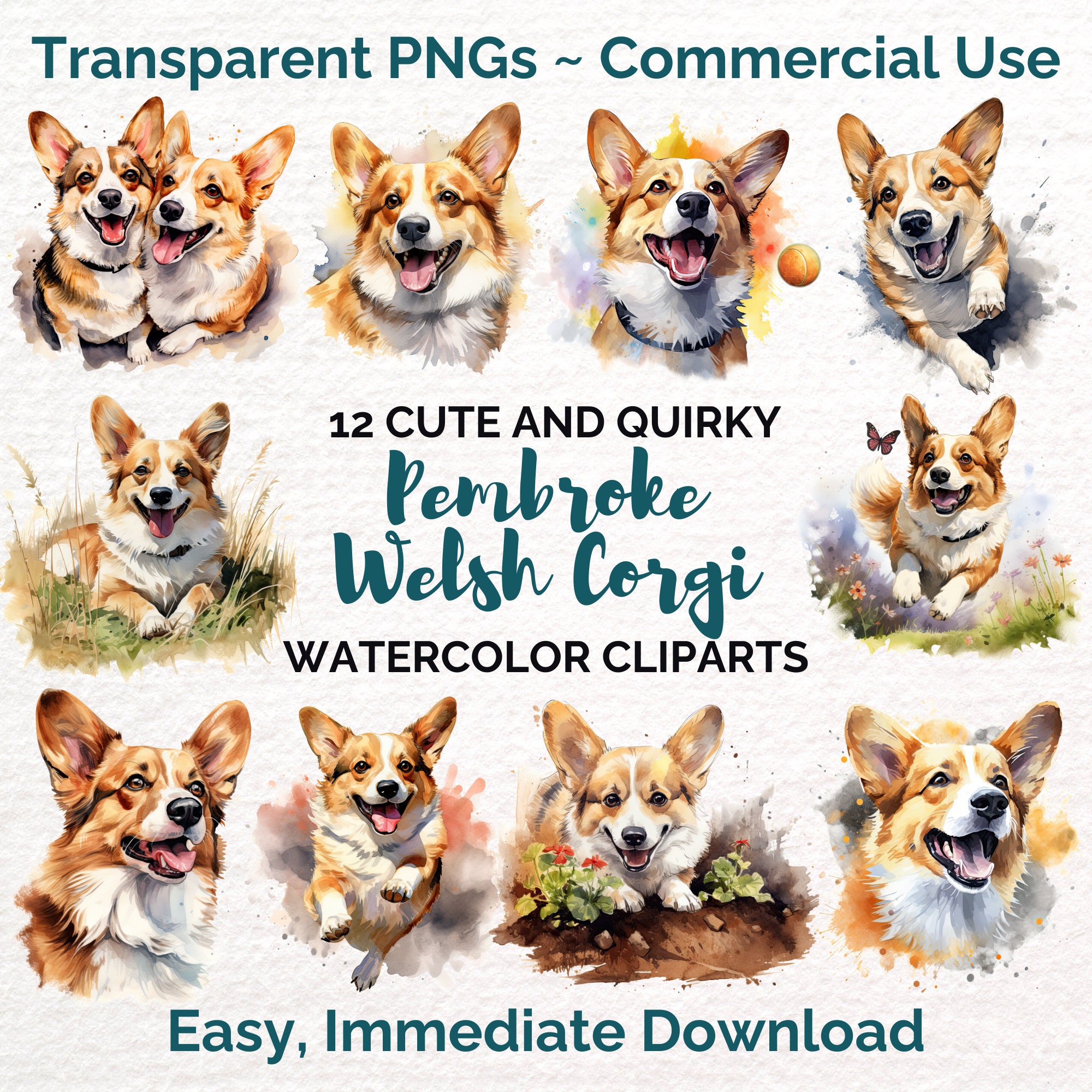 12 Corgi PNG Cliparts, Pembroke Welsh Corgi Dog Watercolor Sublimation ...