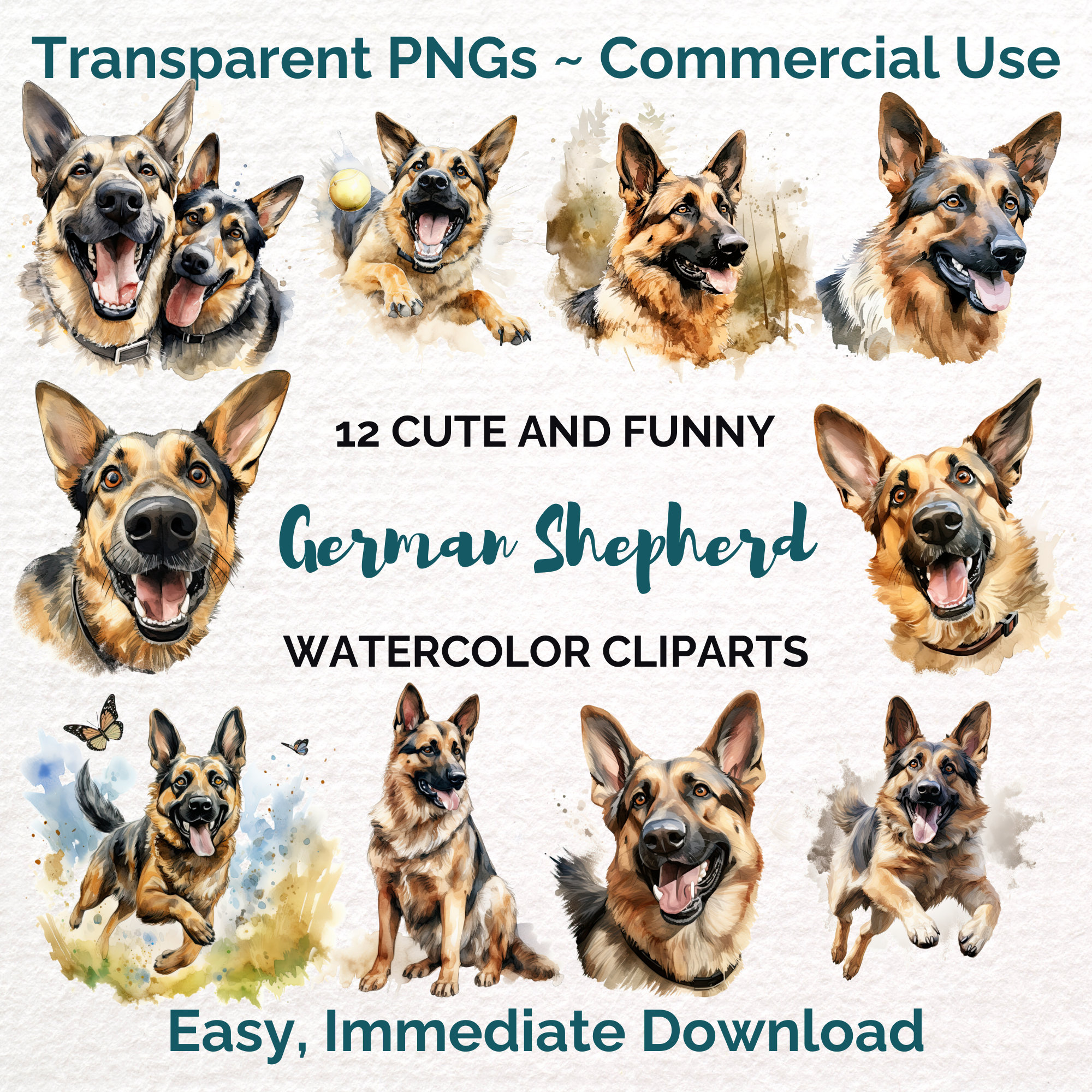 German Shepherd Cliparts, 12 Funny Watercolor Sublimation Designs, PNG ...