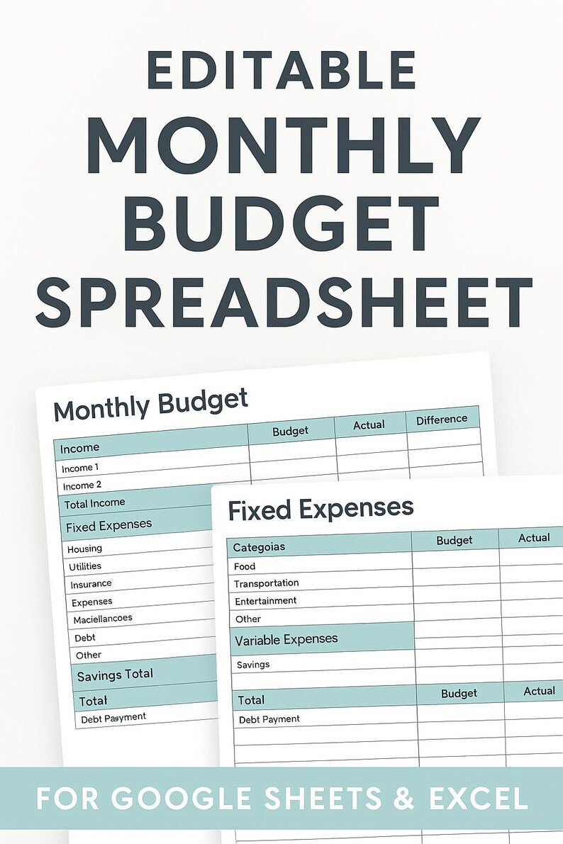 Editable Monthly Budget Spreadsheet | Digital Budget Template for ...