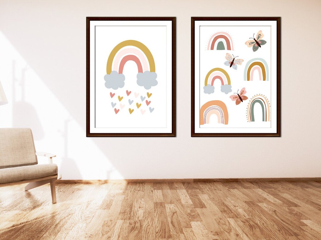 Boho Rainbow Butterfly Set of 2 Nursery Art Prints Colorful Nursery ...