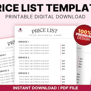 Small Business Price List Template, Price Sheet Printable, Pricing ...