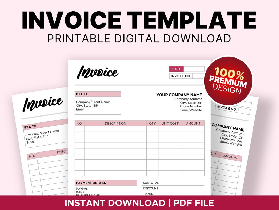 Business Invoice Template, Pink Invoice Printable, Business Receipt ...