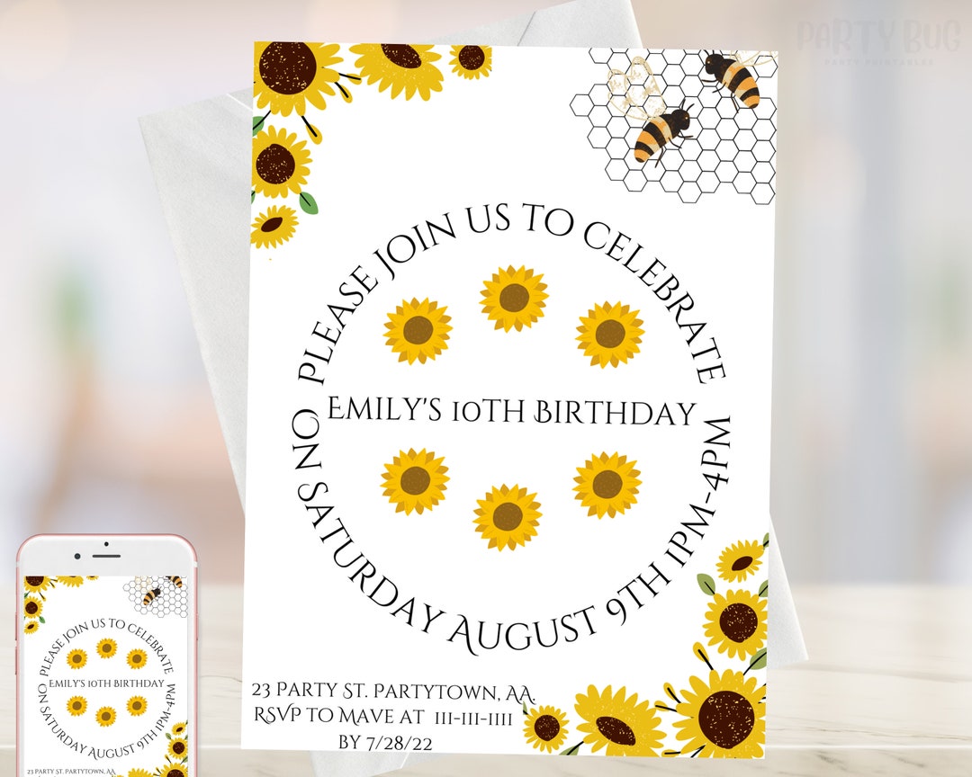 Editable Sunflower Birthday Invitation, Sunflower Summer Birthday ...