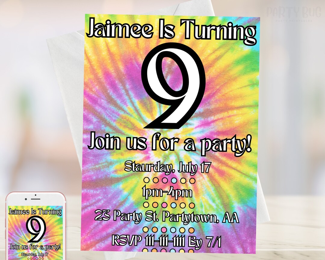 Tie Dye Birthday Invitation, Rainbow Tie Dye Birthday Invites, Editable ...