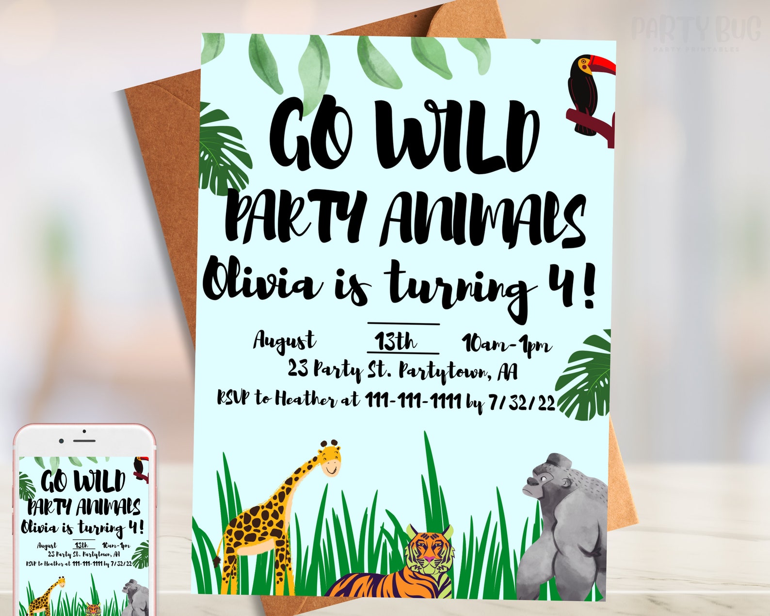 Editable Party Animals Birthday Invitation, Wild One Animals Invitation ...