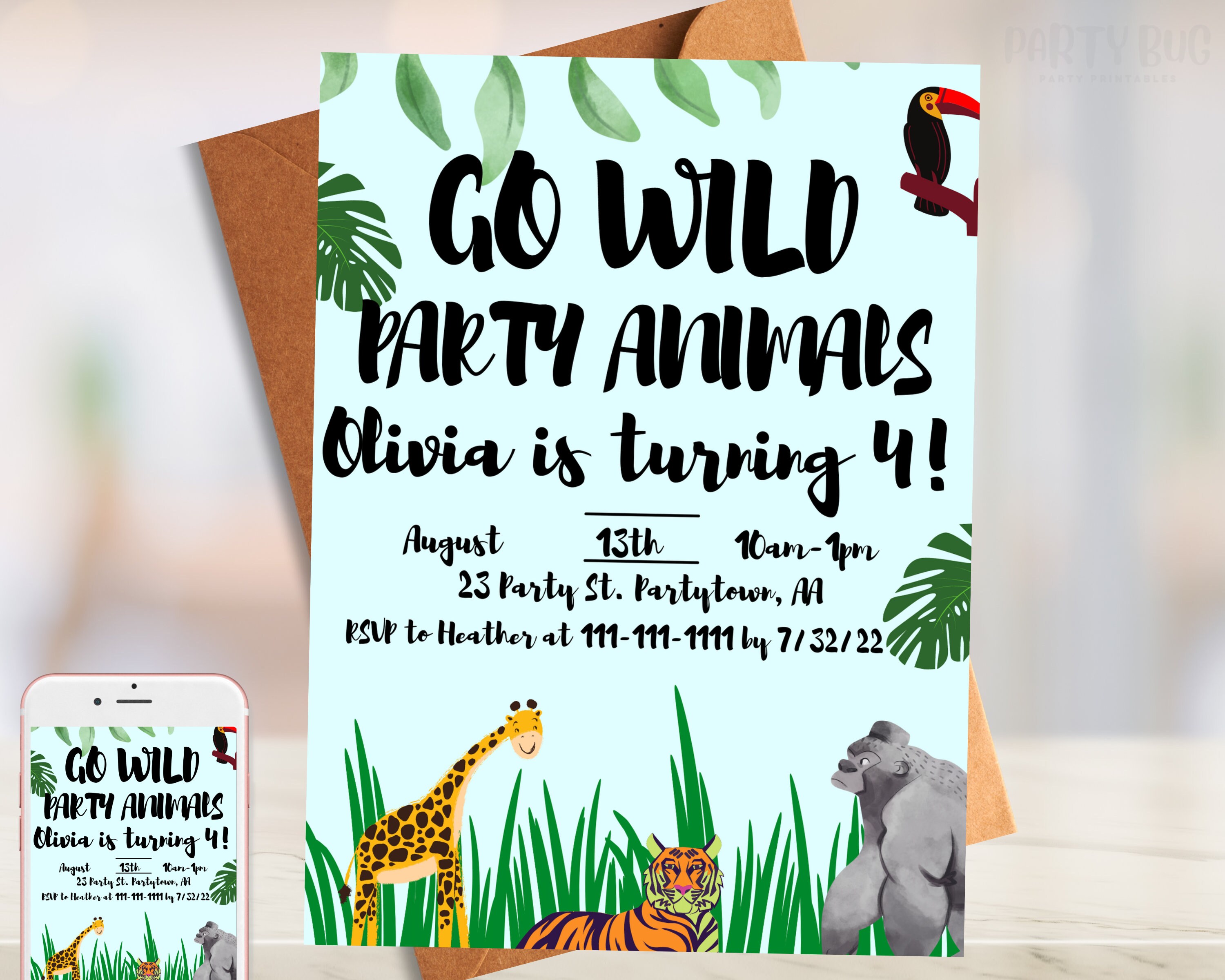 Editable Party Animals Birthday Invitation, Wild One Animals Invitation ...