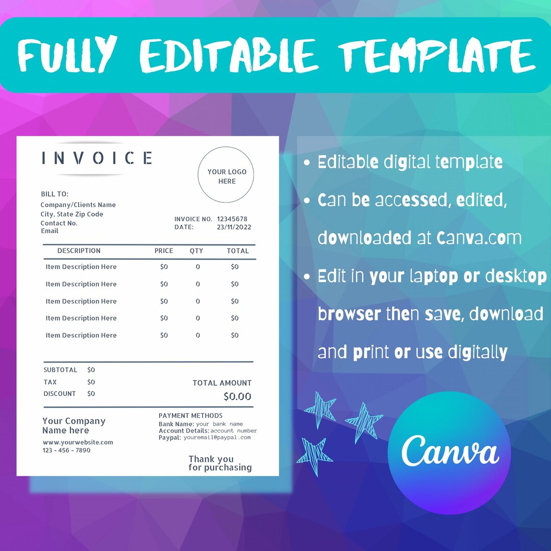 Invoice template editable printable order form invoice digital invoice ...