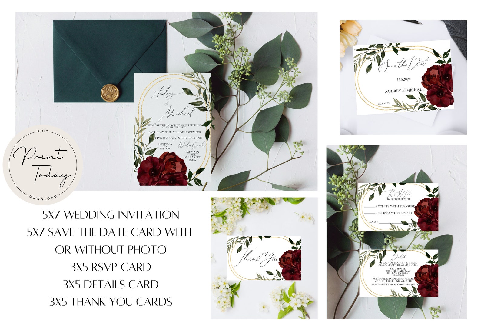 Burgundy Wedding Bundle, With Burgundy Flowers, Wedding Signs Bundle ...