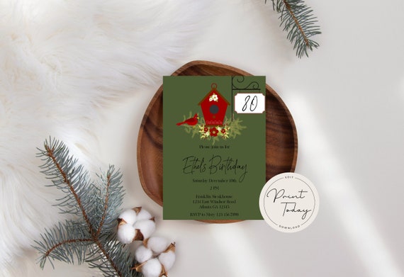 Editable Red Cardinal Birthday Invitation 80th Birthday Any - Etsy
