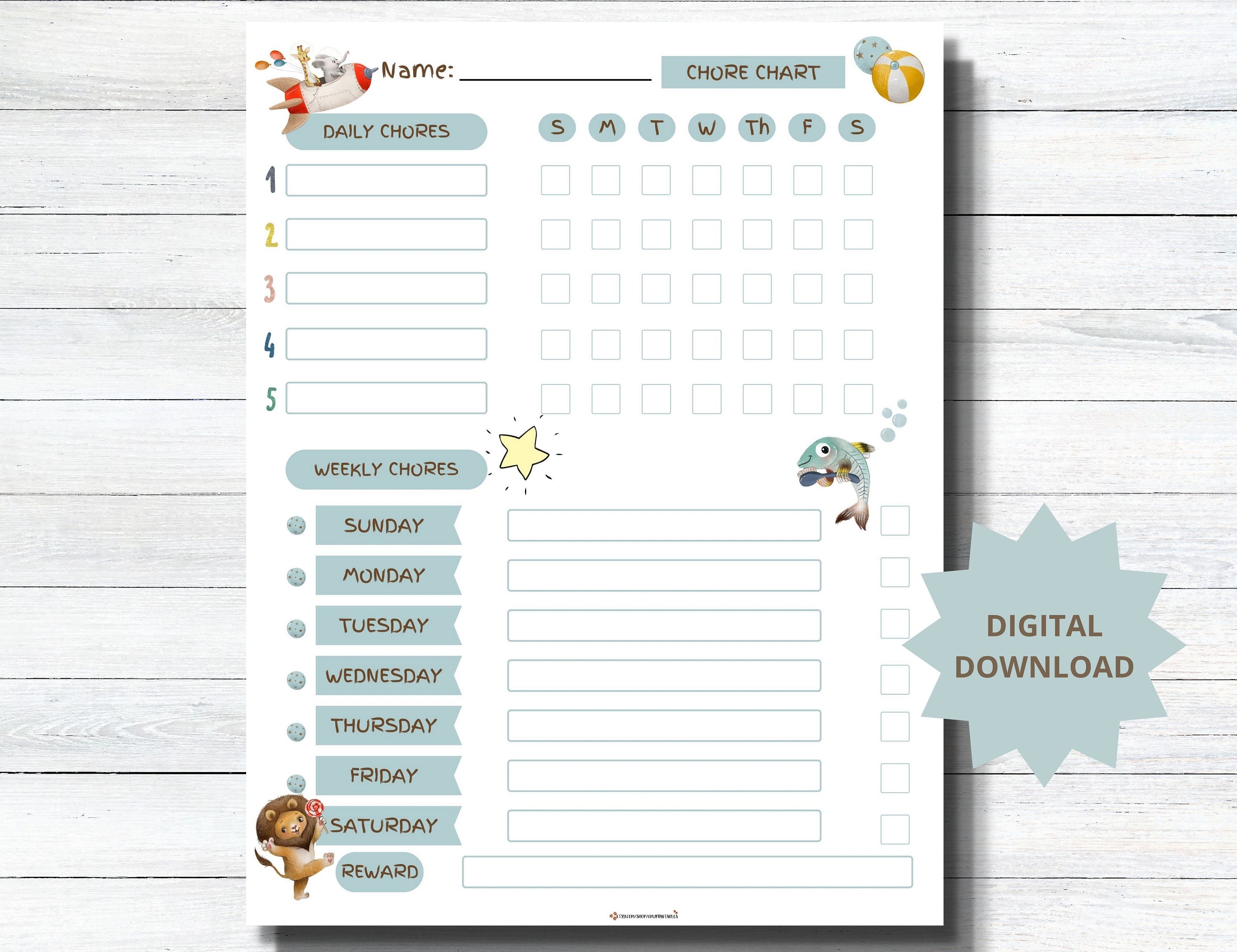 Kids Printable Chore Chart, Daily and Weekly Responsibility Chart ...