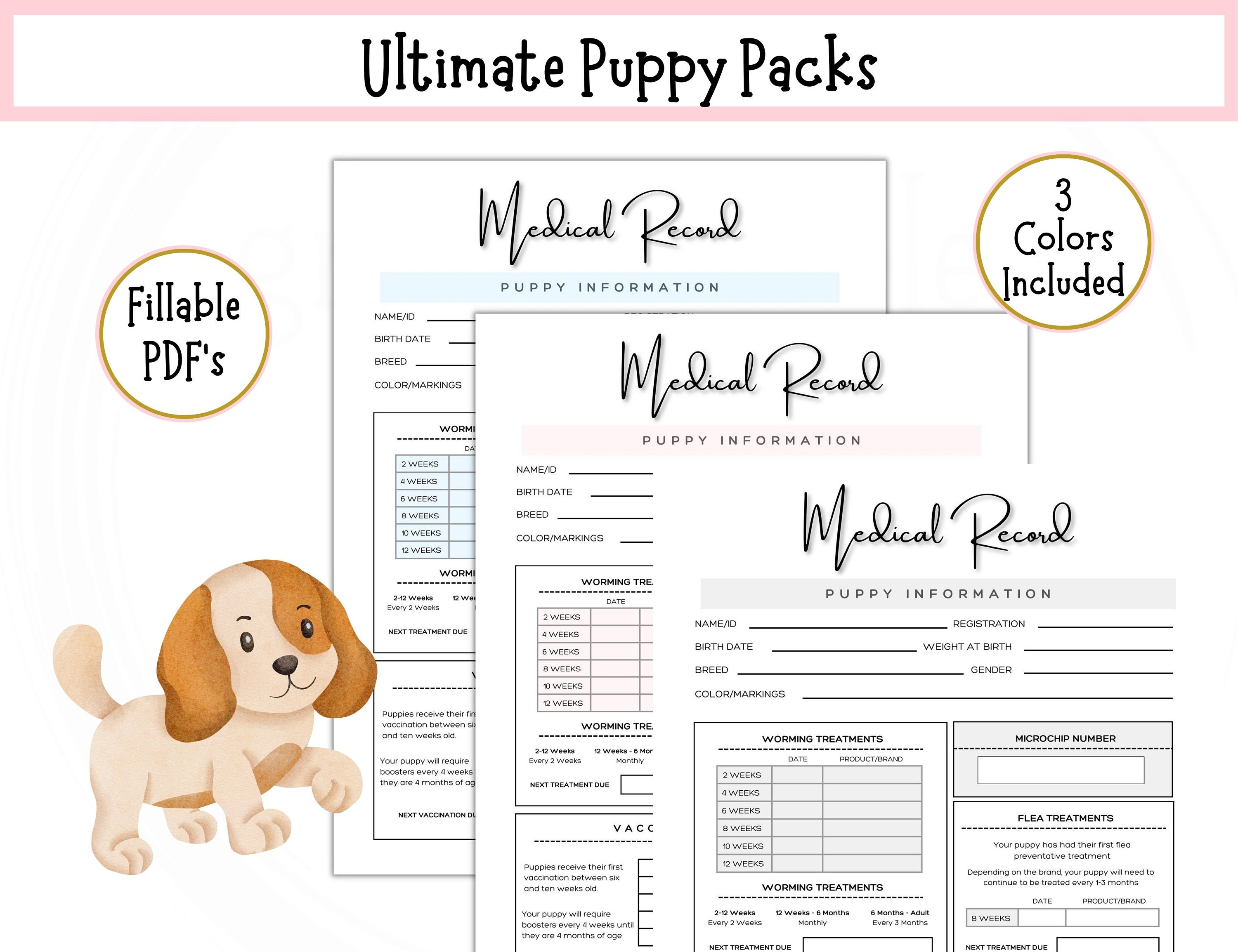 Fillable Breeder Puppy Pack, Puppy Medical Record, New Puppy Forms, Dog ...