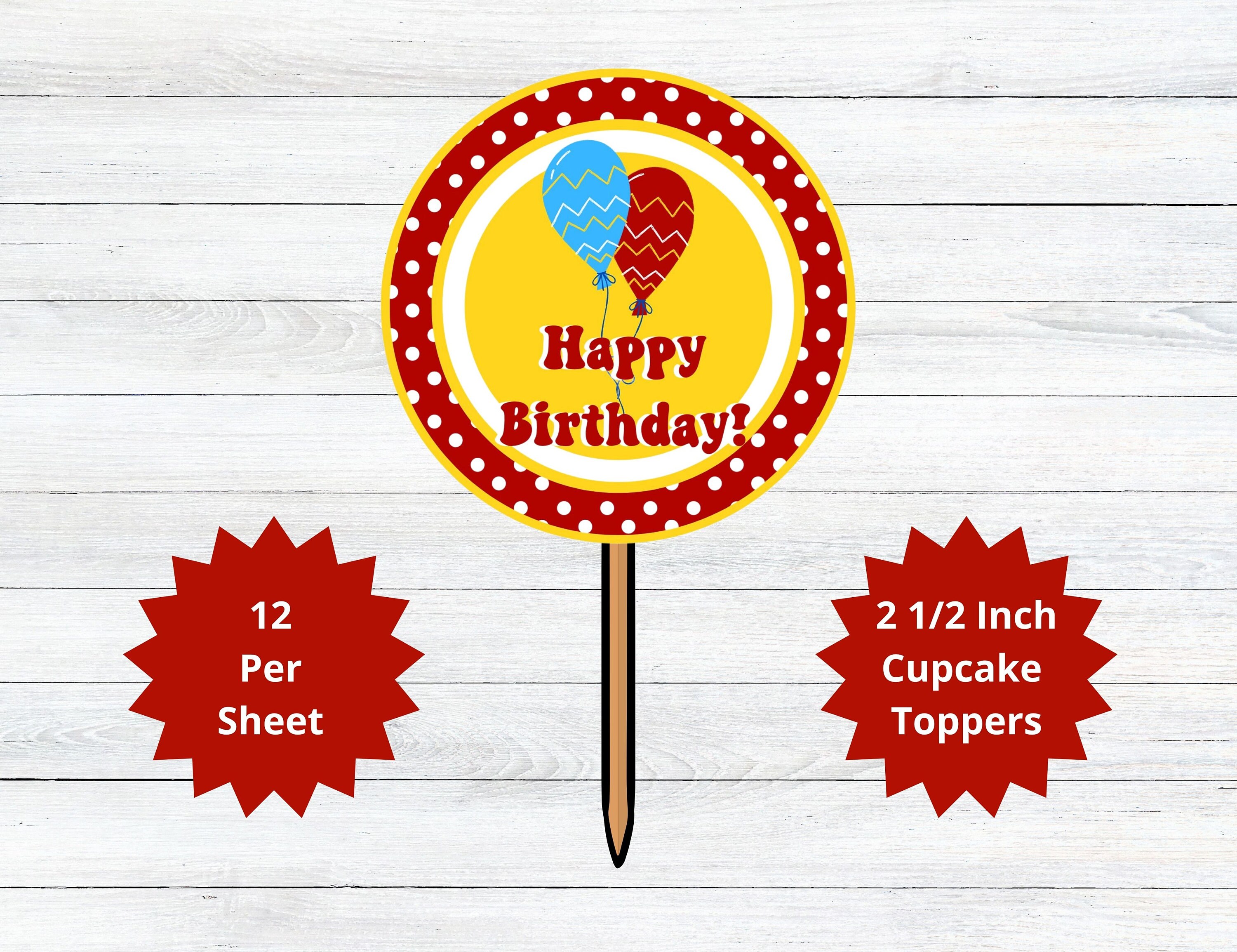 Happy Birthday Cupcake Toppers, Red and Blue Balloons, Round Happy ...