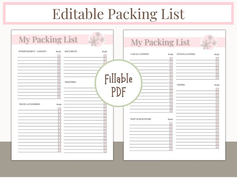 Editable Packing List Travel Checklist Travel Packing List - Etsy