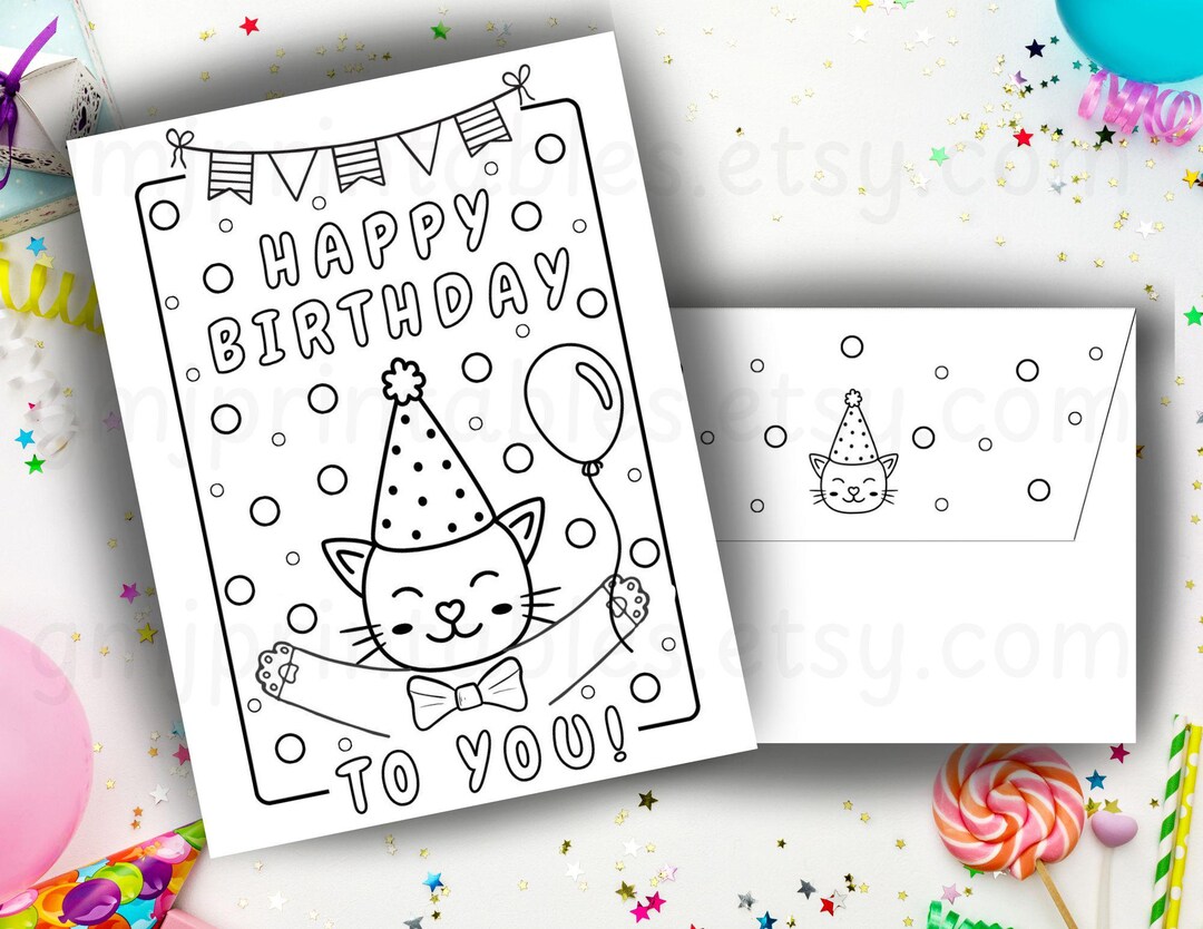 Cat Birthday Coloring Card and Printable Envelope, DIY Happy Birthday ...