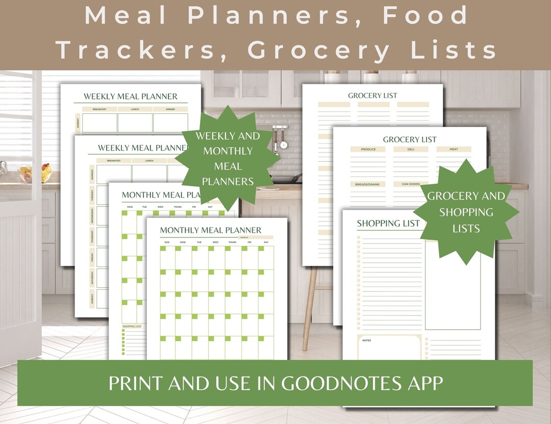 Printable Green Meal Planner Bundle, Weekly and Monthly Menu Plans ...