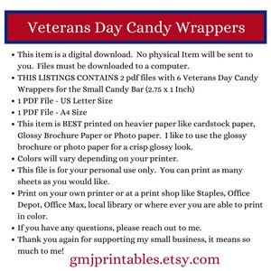 Veterans Day Candy Bar Wrappers, Military Appreciation, Patriotic Candy ...