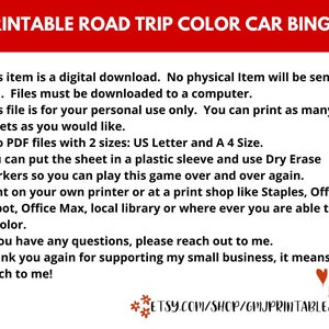 Road Trip Color Car Bingo Printable for Kids, Simple Road Trip Activity ...