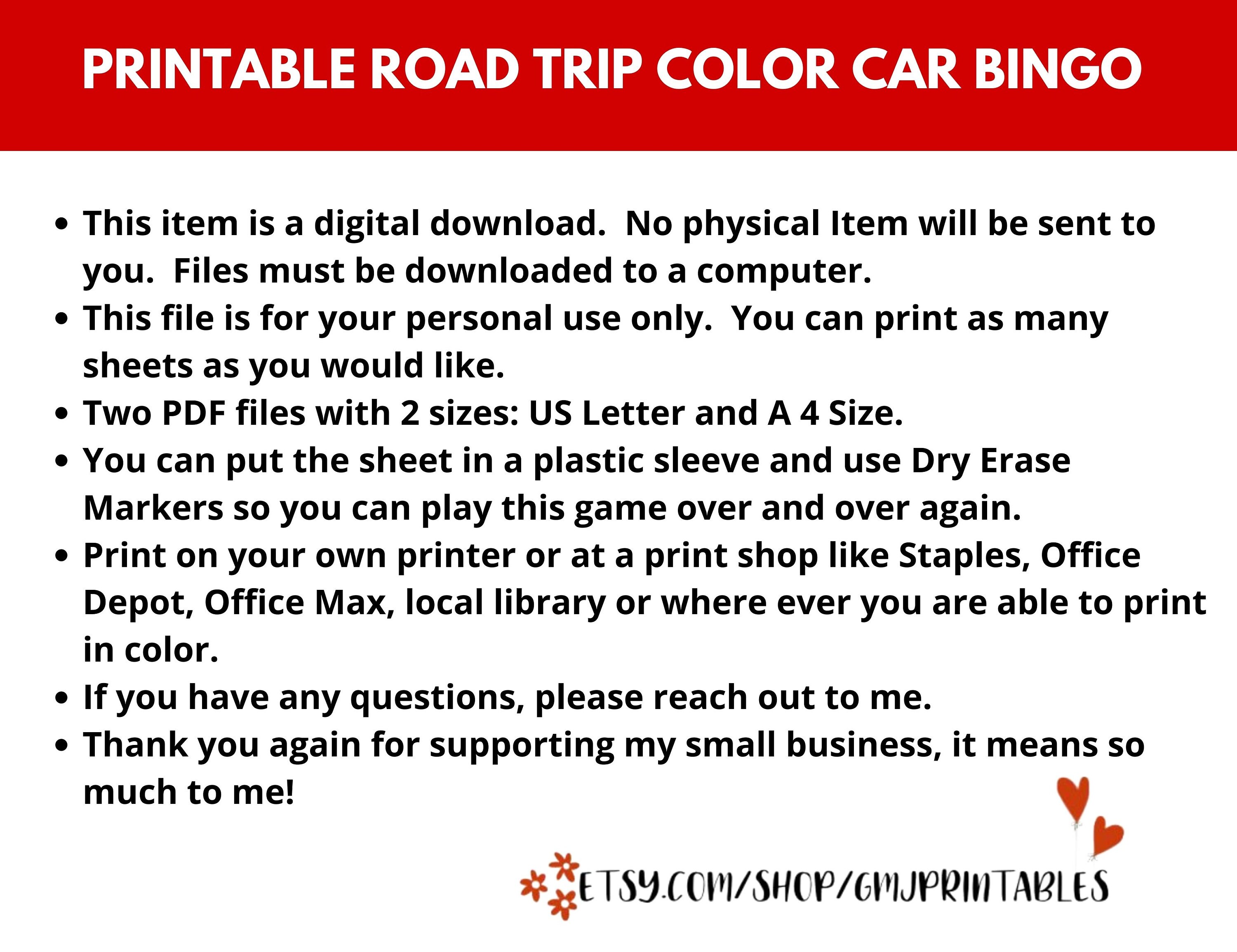 Road Trip Color Car Bingo Printable for Kids Simple Road Trip - Etsy ...