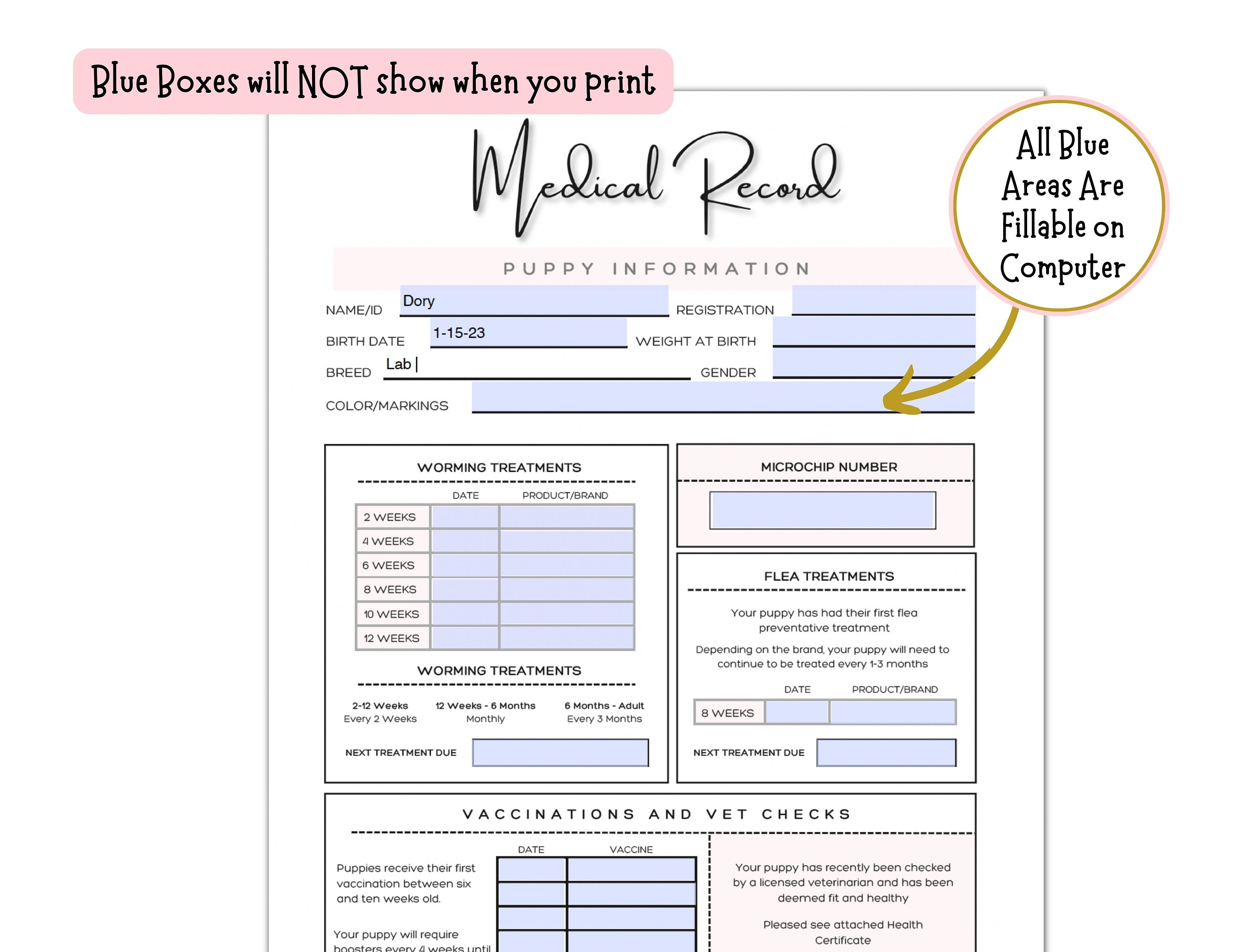 Fillable Breeder Puppy Pack, Puppy Medical Record, New Puppy Forms, Dog ...