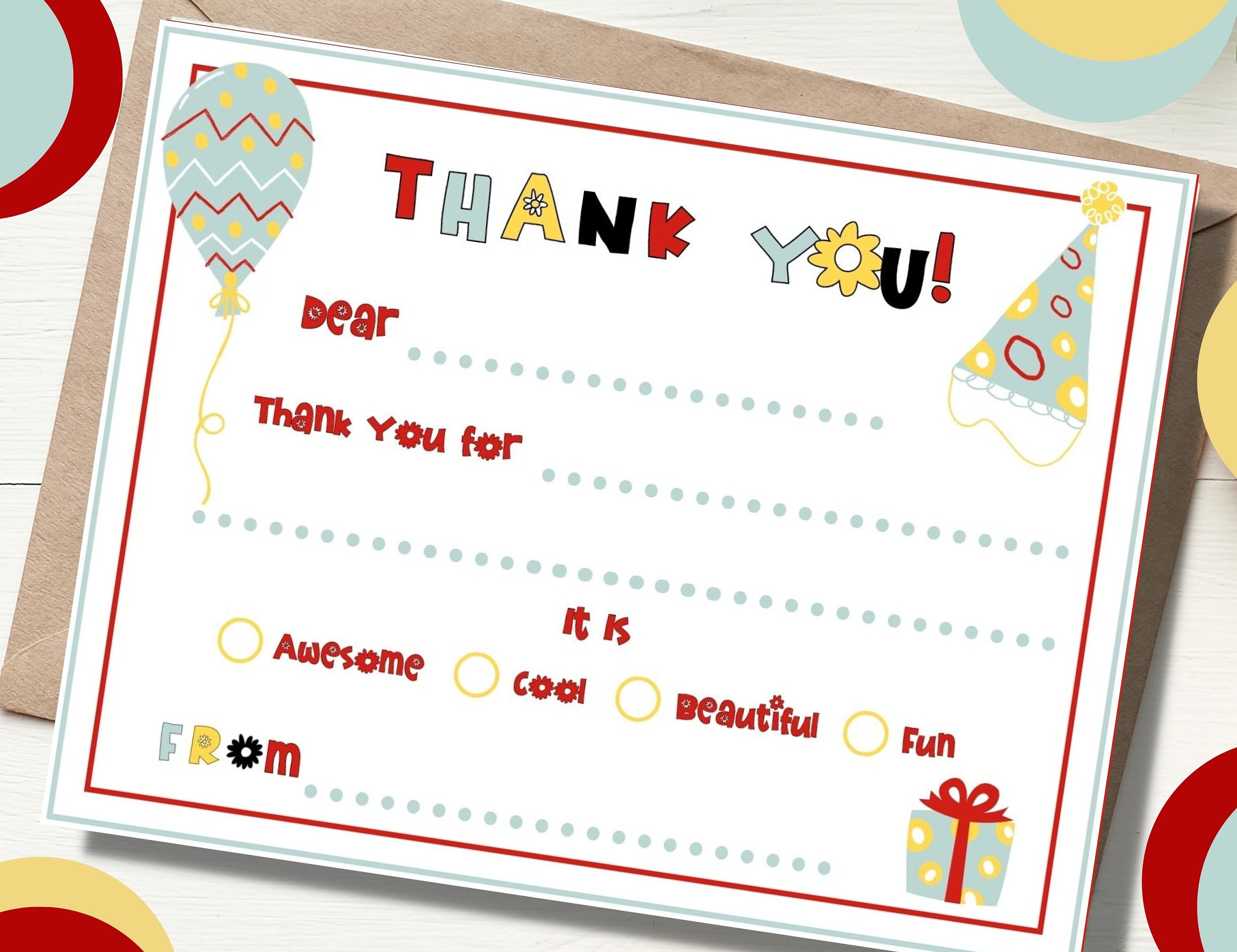 Printable Thank You Card for Kids, Birthday Thank You Card, Printable ...