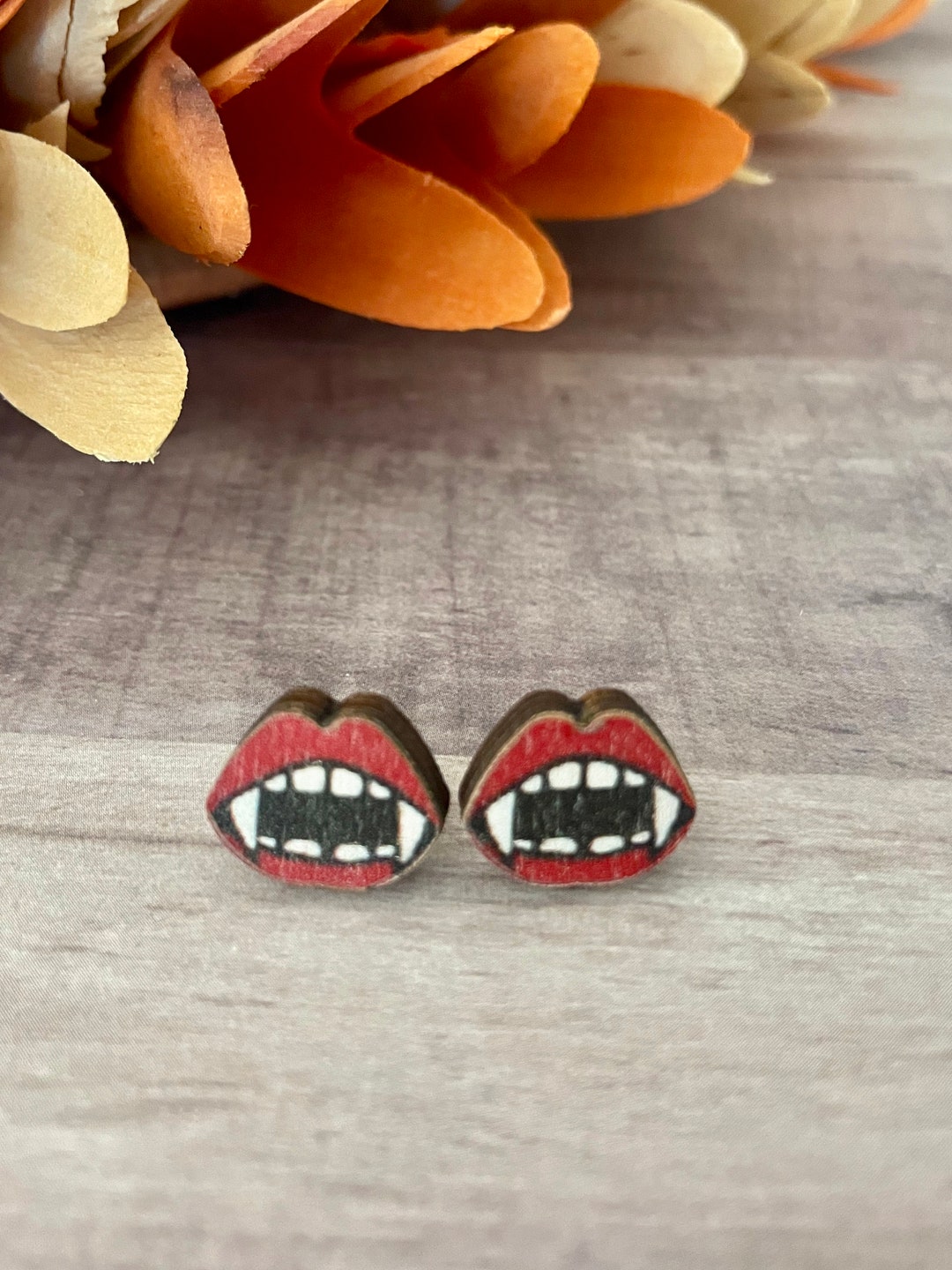 Vampire Lip Stud Earring Vampire Teeth Wood Horror Earring - Etsy