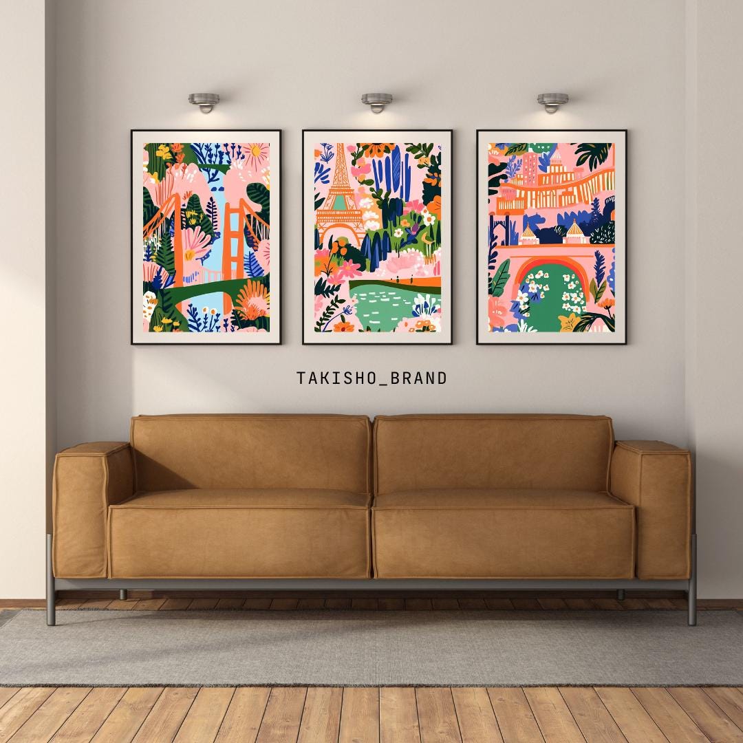 Set of 3 Colorful Cityscape Art Prints Vibrant Landmark Illustrations ...