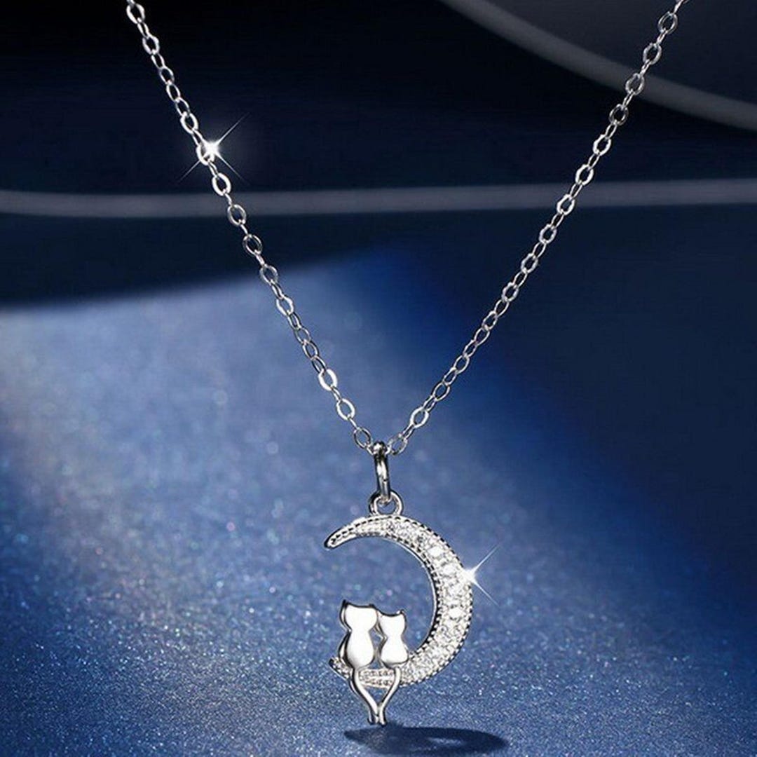Half Moon Cat Pendant Necklace, Moon Cat Wishes Necklace, Round ...