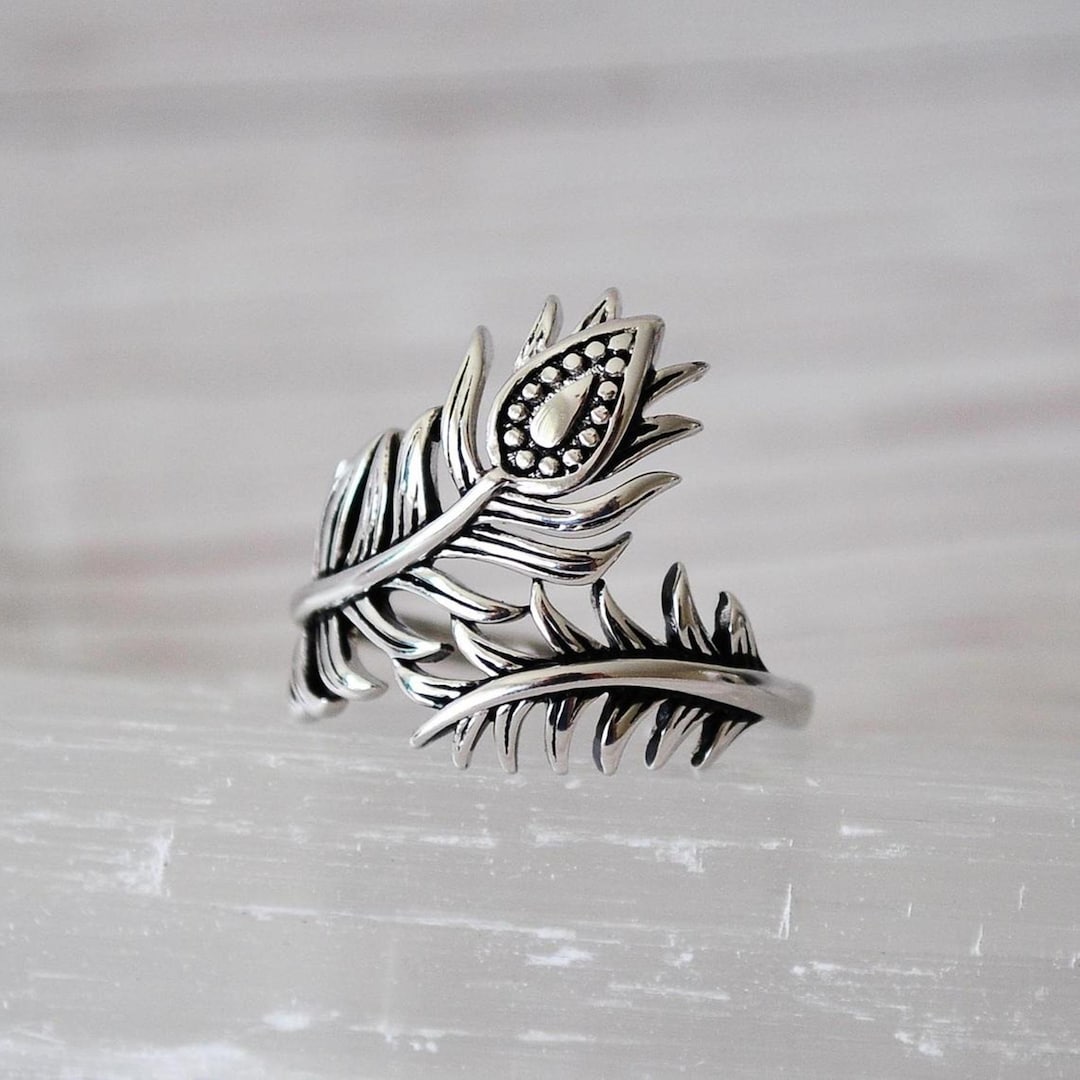 Peacock Feather Wrap Ring, 925 Silver Open Feather Ring, Antique ...