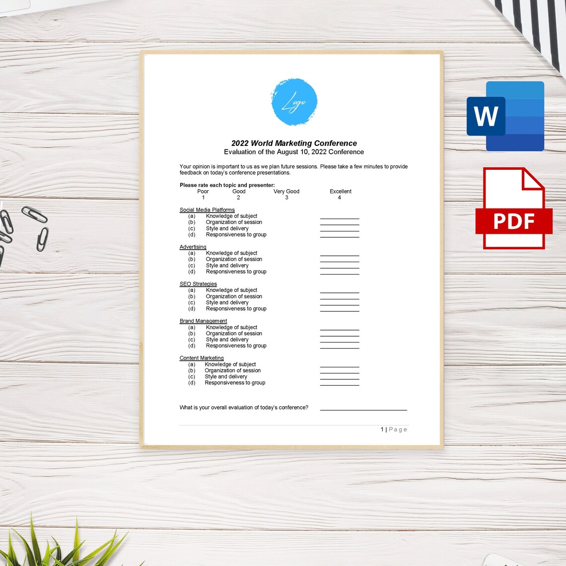 Evaluation Form Template - Editable Printable Business Conference ...