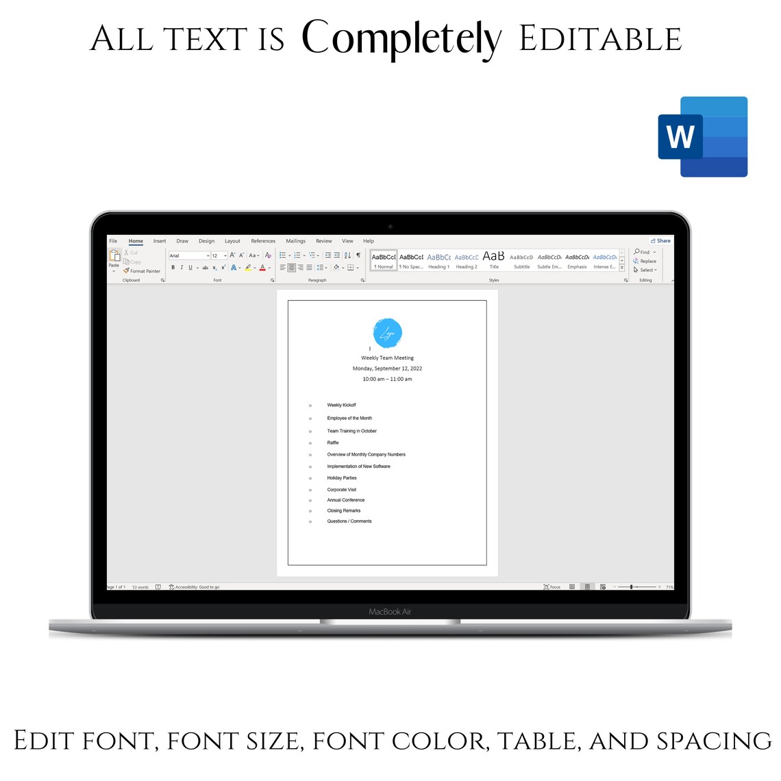 Meeting Agenda Template Editable Printable Business Team Staff Weekly ...