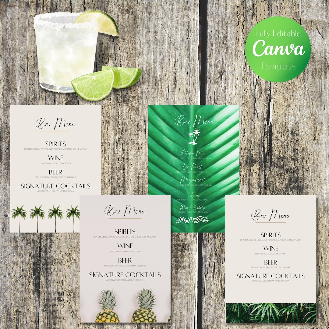 Bar Menu Template Bundle - Tropical Destination Wedding Event Boho ...