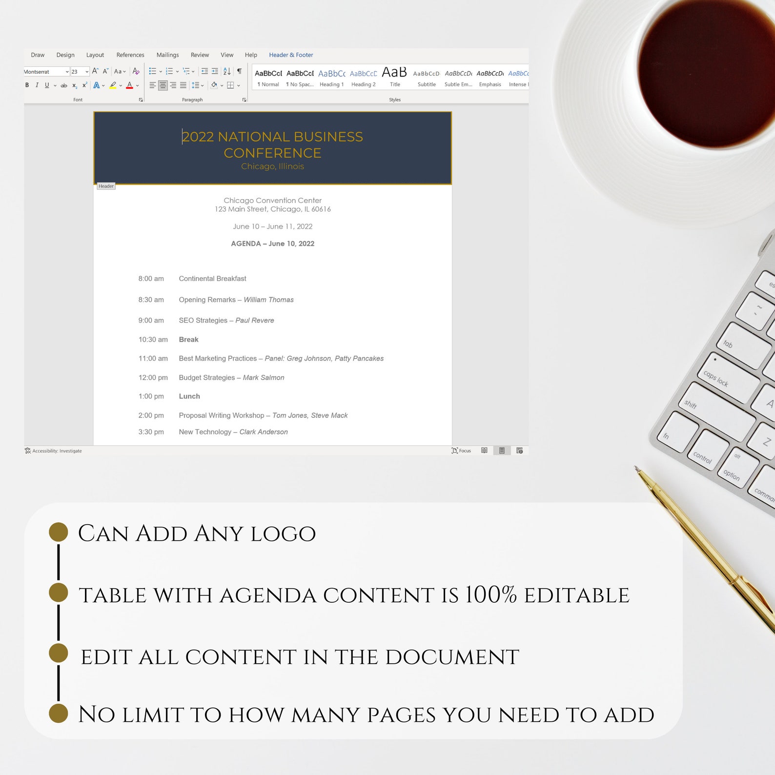 Professional Meeting Agenda Template - Editable Printable Business ...