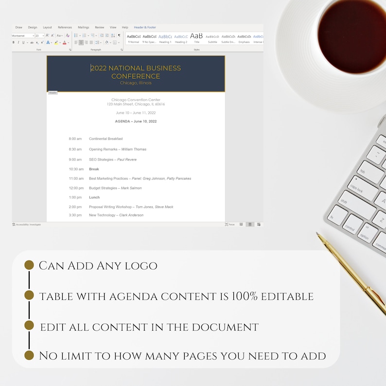 Professional Meeting Agenda Template - Editable Printable Business ...