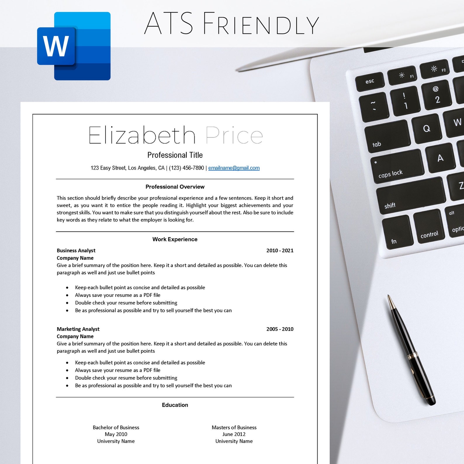ATS Friendly Resume Template, MS Word, Google Docs, Cover Letter ...