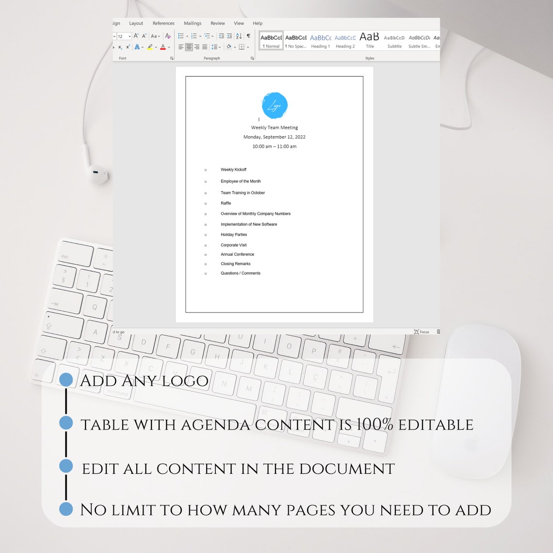 Meeting Agenda Template Editable Printable Business Team Staff Weekly ...