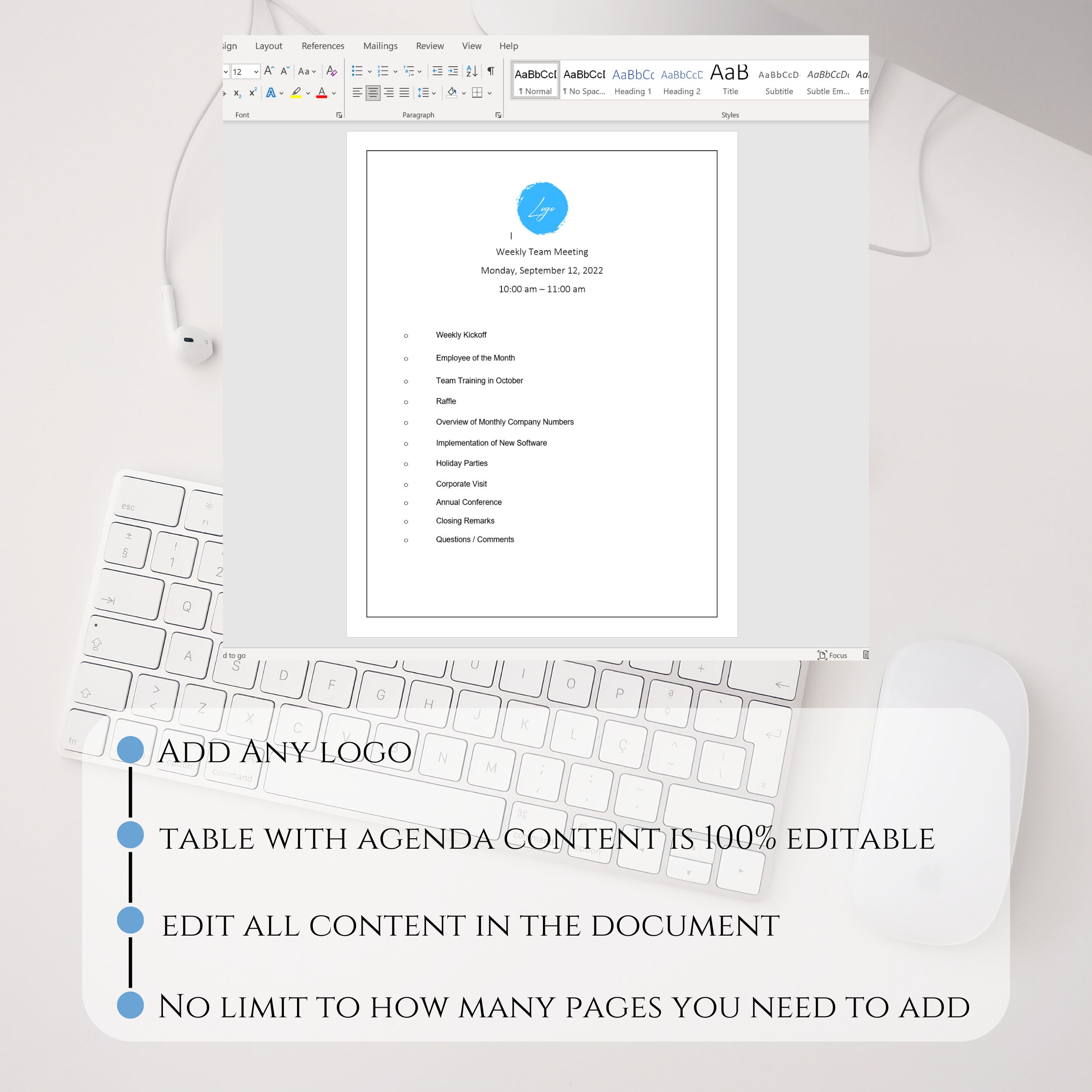 Meeting Agenda Template Editable Printable Business Team Staff Weekly ...