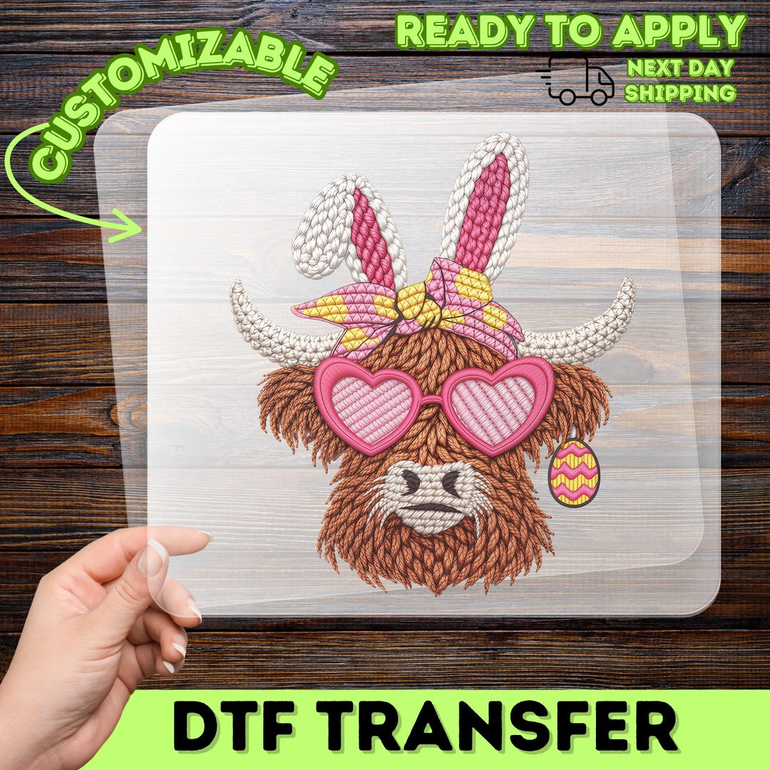 Easter Highland Cow With Bunny Ears Heat Transfer, Funny Heart ...